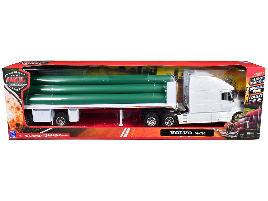 Volvo VN-780 Truck with Flatbed Trailer and Long Pipes White "Long Hau ...