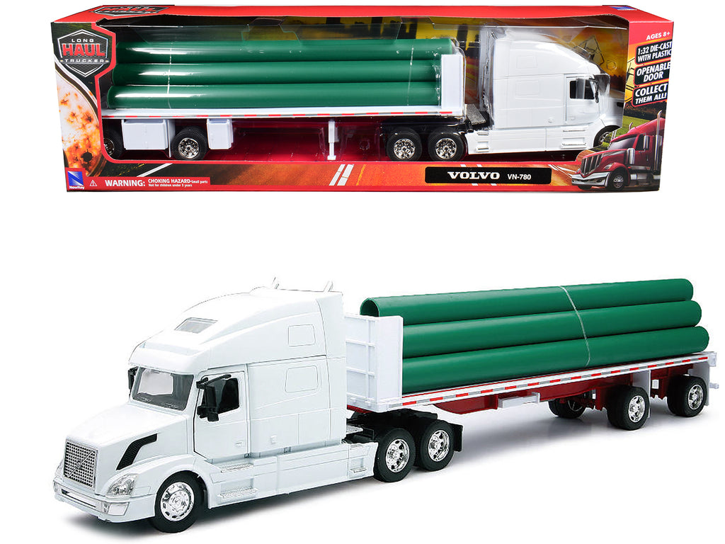 Volvo VN-780 Truck with Flatbed Trailer and Long Pipes White "Long Hau ...